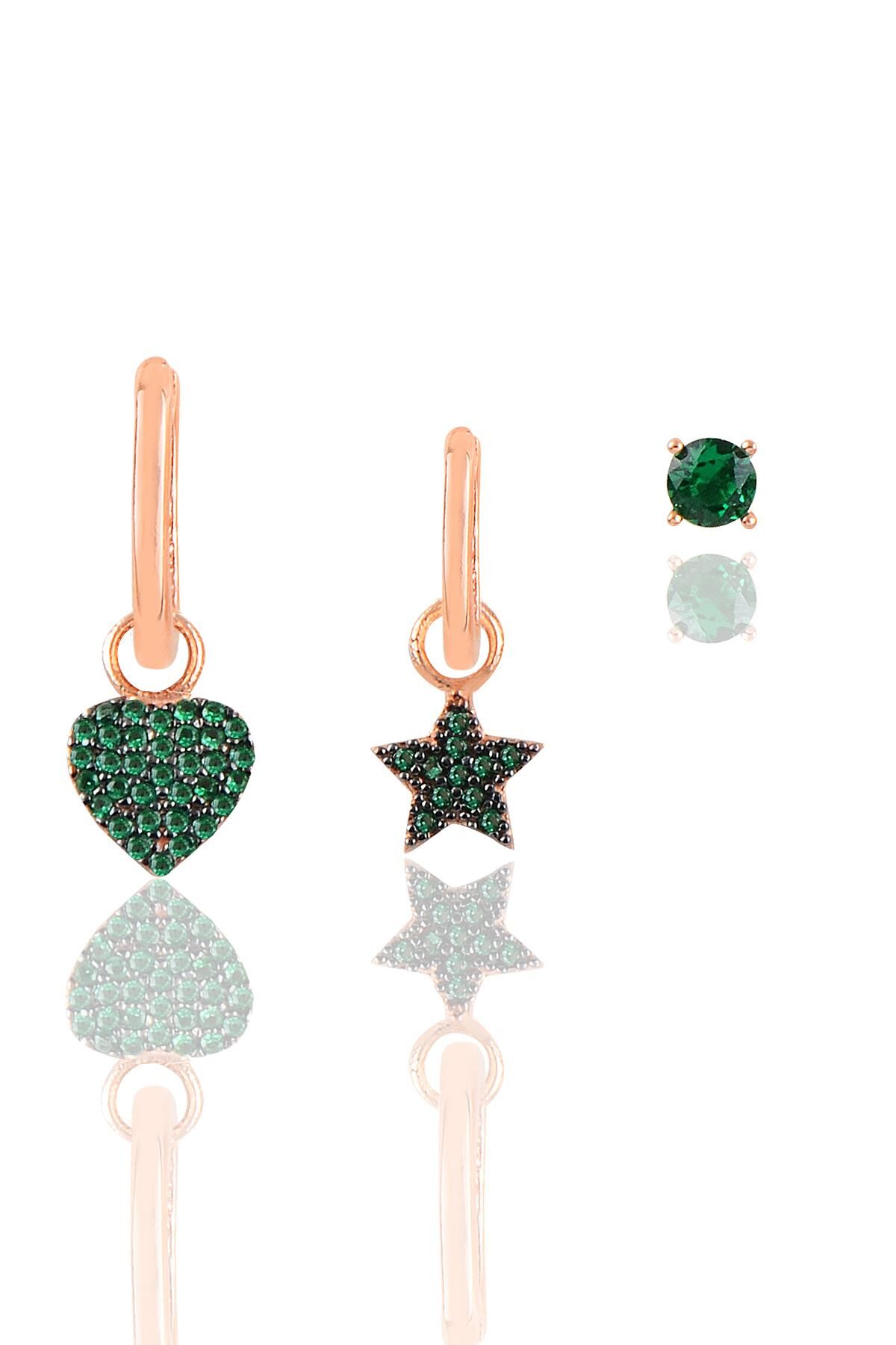 GÜMÜŞ Gümüş rose yeşil taşlı yıldız, kalp ve tektaşlı kombin küpe SGTL12105YESIL 674,64 TL % 70 ...